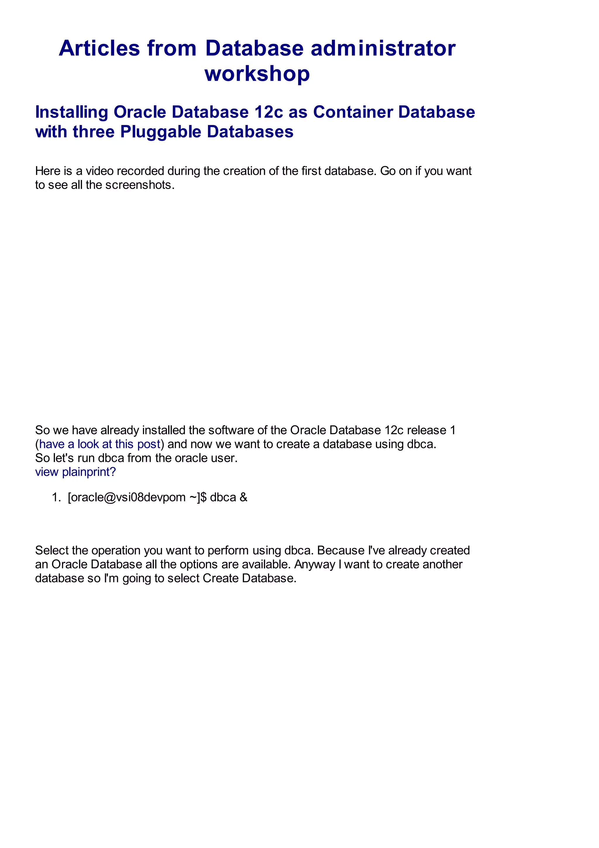 Installing Oracle Database 12c As Container Database With Three Pluggable Databases Ppt