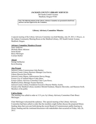 Jackson County Library Advisory Committee: Meeting minutes, July 29 ...
