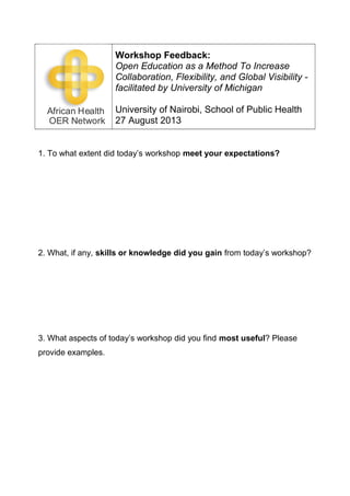 UON SPH OER Workshop Feedback Form | DOC | Education