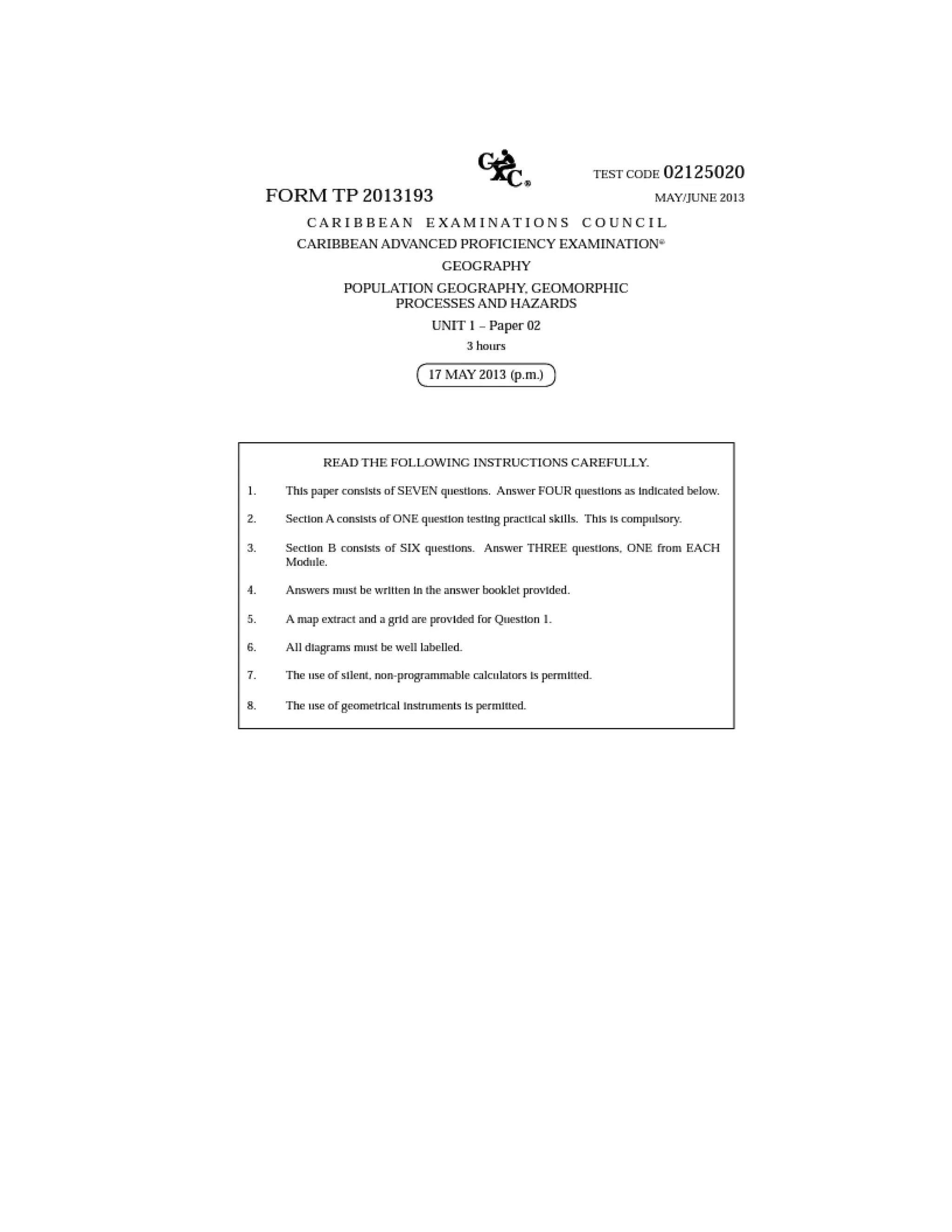 CAPE GEOGRAPHY UNIT 1 PAST PAPER-PAPER 2- 2013 | PDF