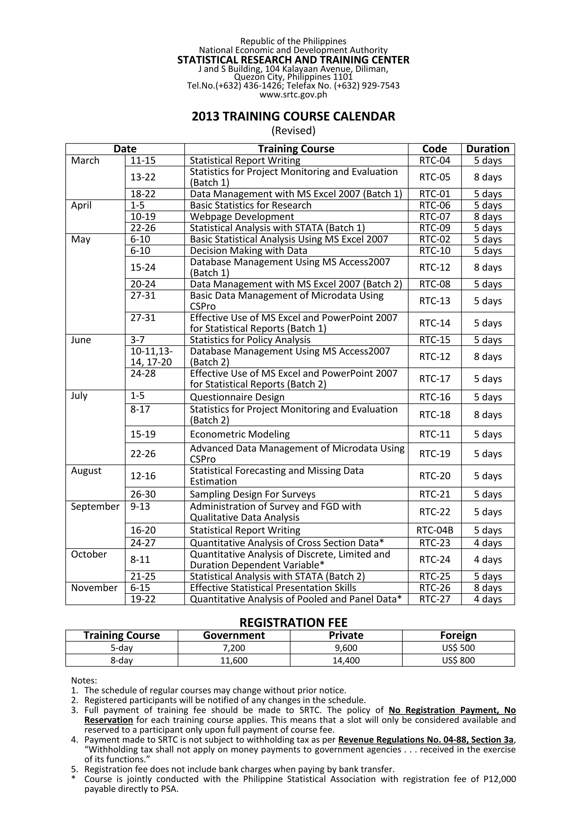 Statistical Research and Training Center 2013 Training Seminar Schedule ...