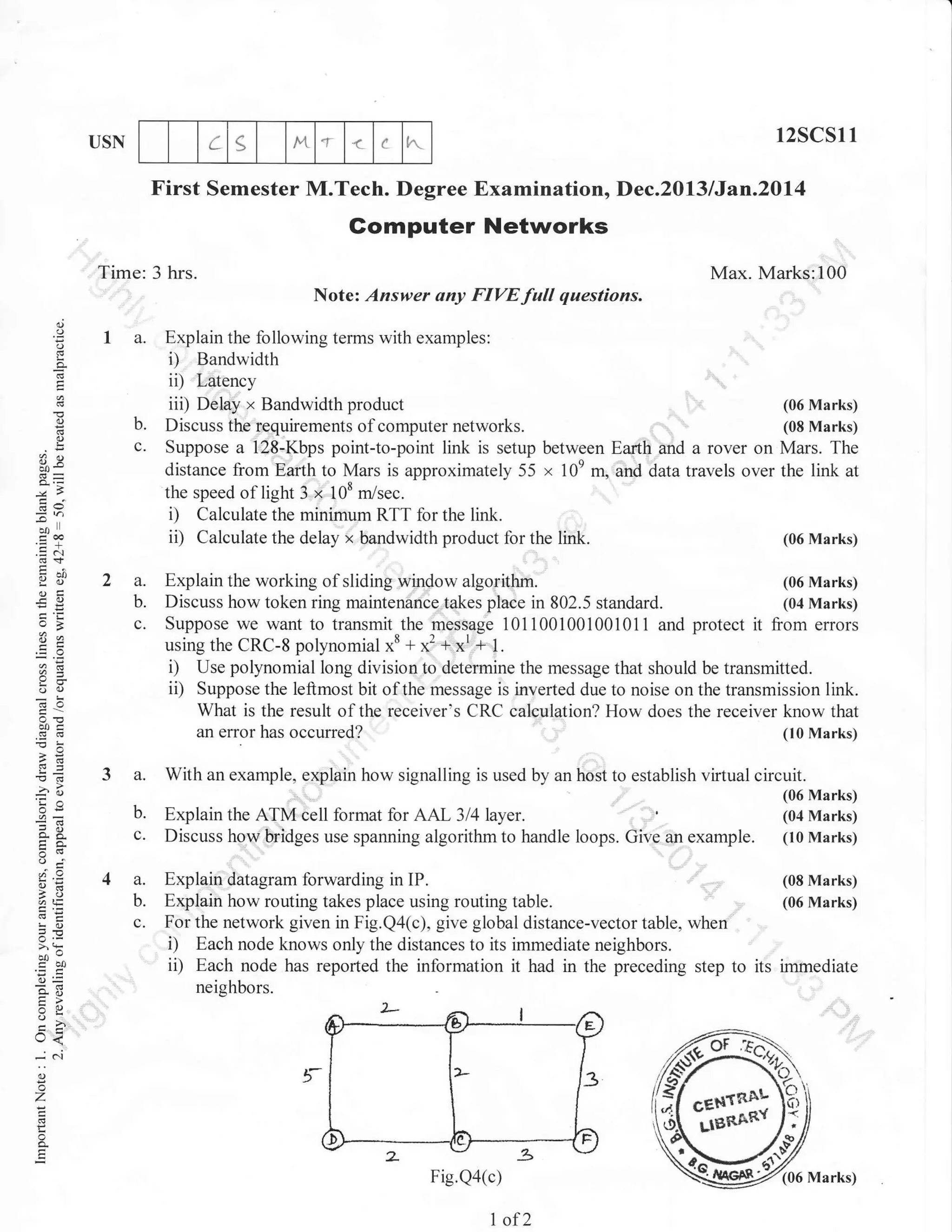 1st Semester M Tech Computer Science and Engg (Dec-2013) Question Papers | PDF