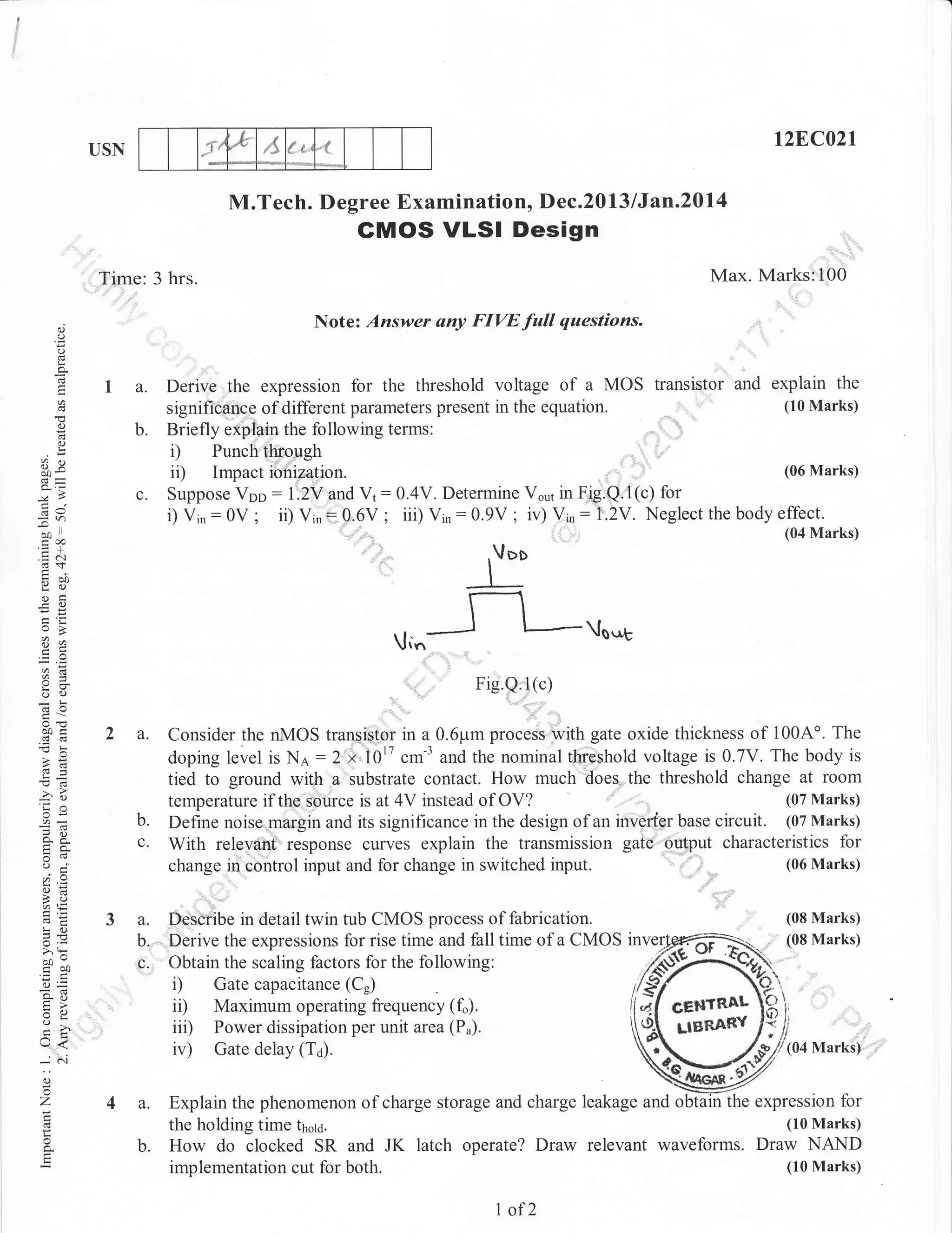 1st Semester M Tech CMOS VLSI Design (Dec-2013) Question Papers | PDF