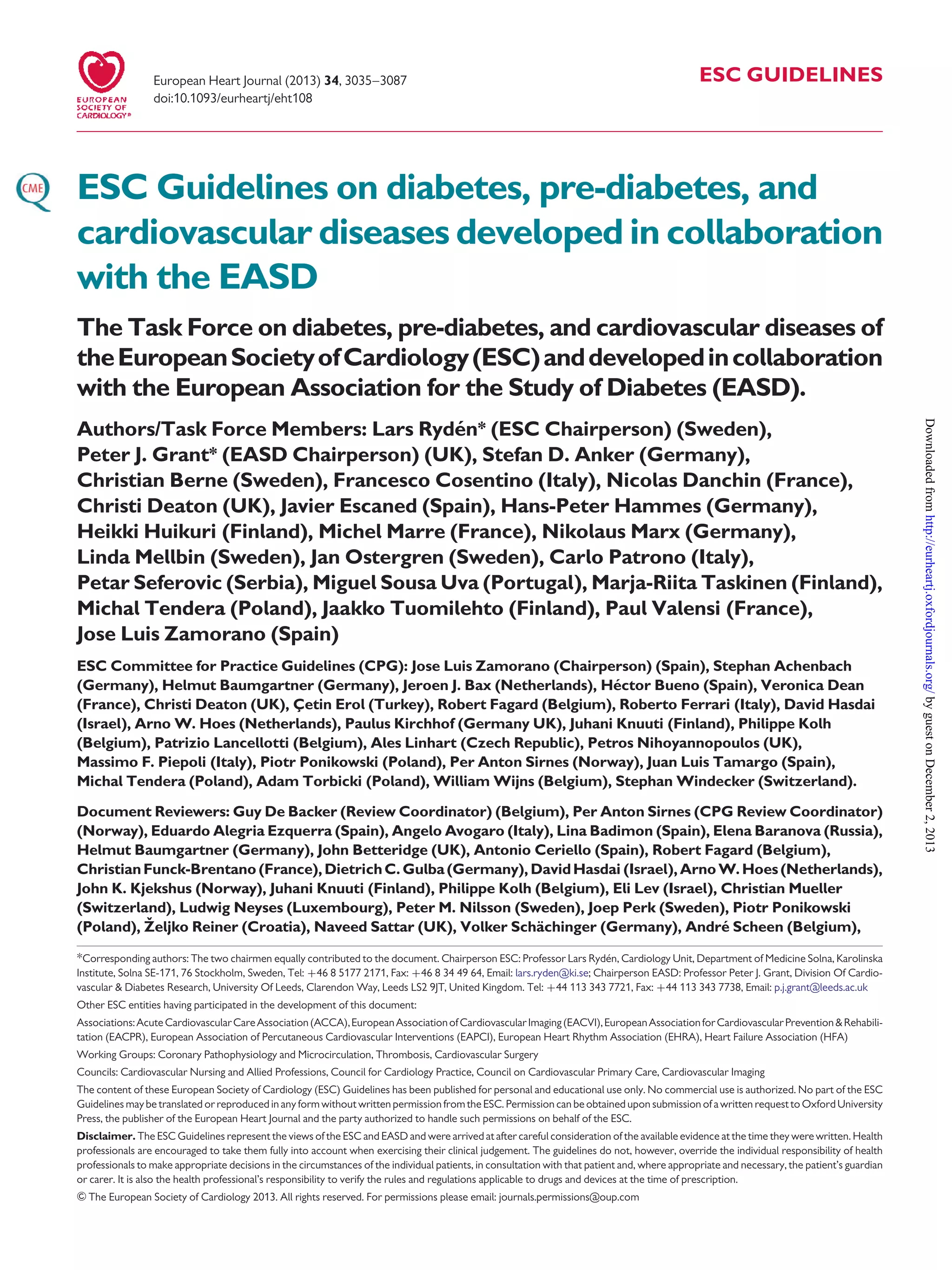 2013 esc guidelines on diabetes, pre diabetes, and cardiovascular ...