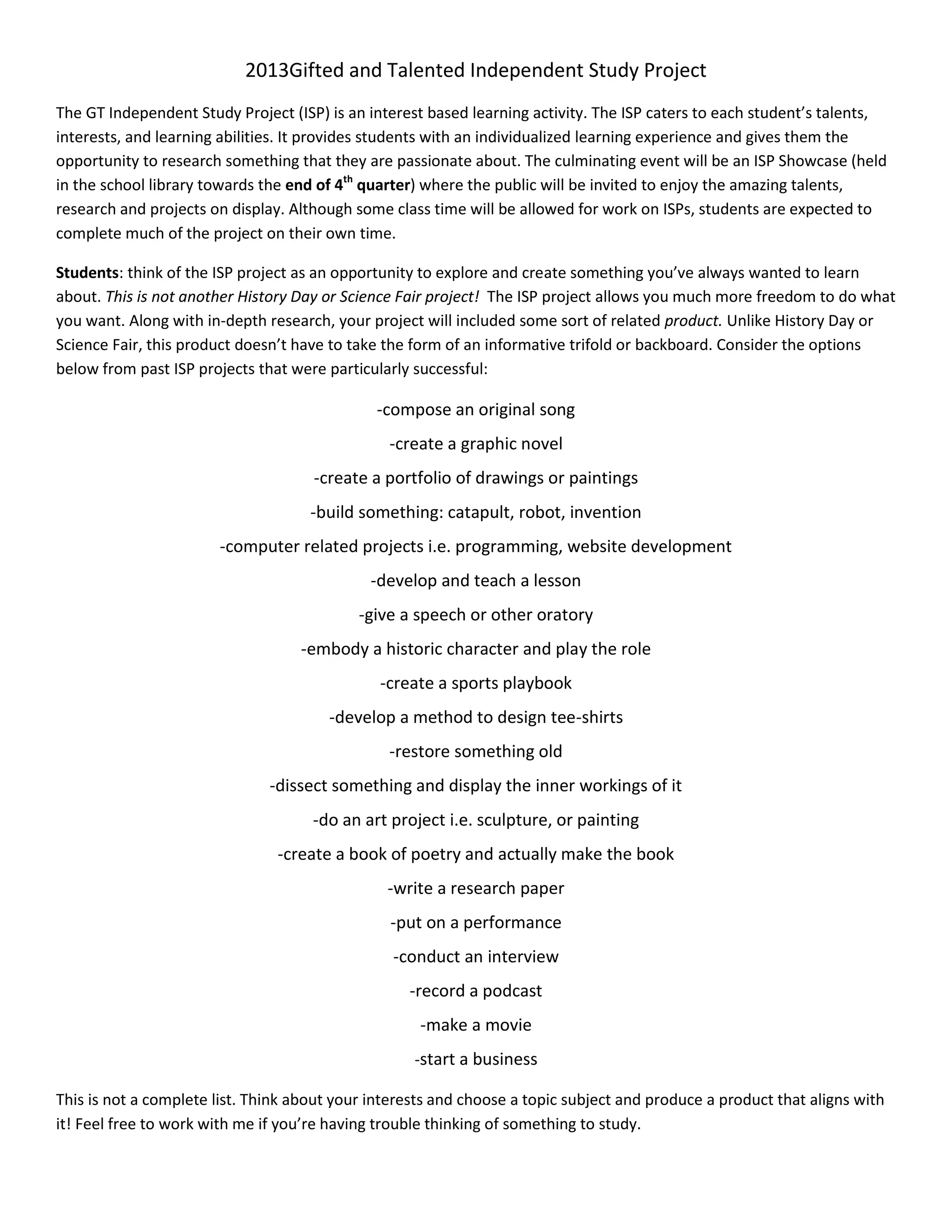 2013 gifted and talented independent study project | DOCX