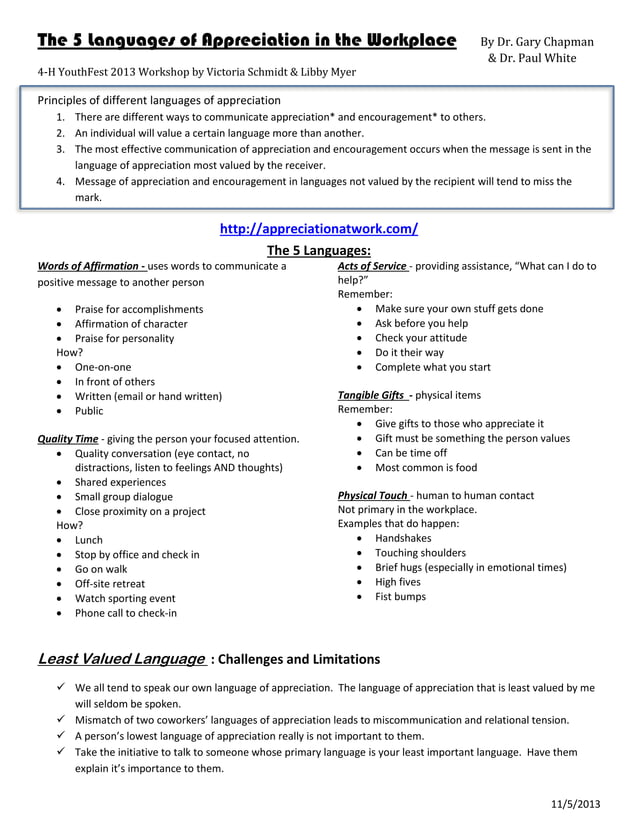 The 5 languages of appreciation in the workplace summary | PDF