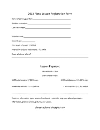 2013 piano lesson registration form | DOCX
