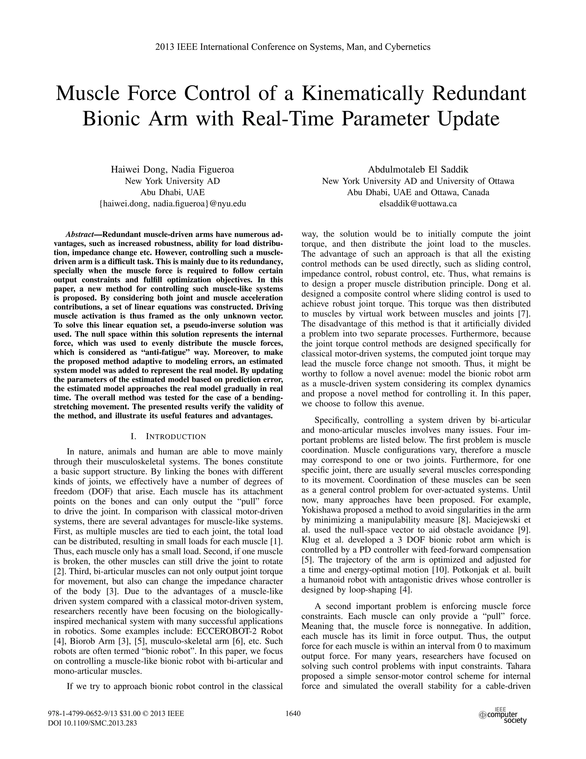 Muscle Force Control Of A Kinematically Redundant Bionic Arm With Real Time Parameter Update Pdf
