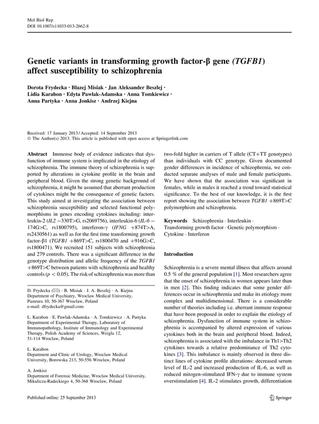 TGF beta gene polymorphism in schizophrenia | PDF