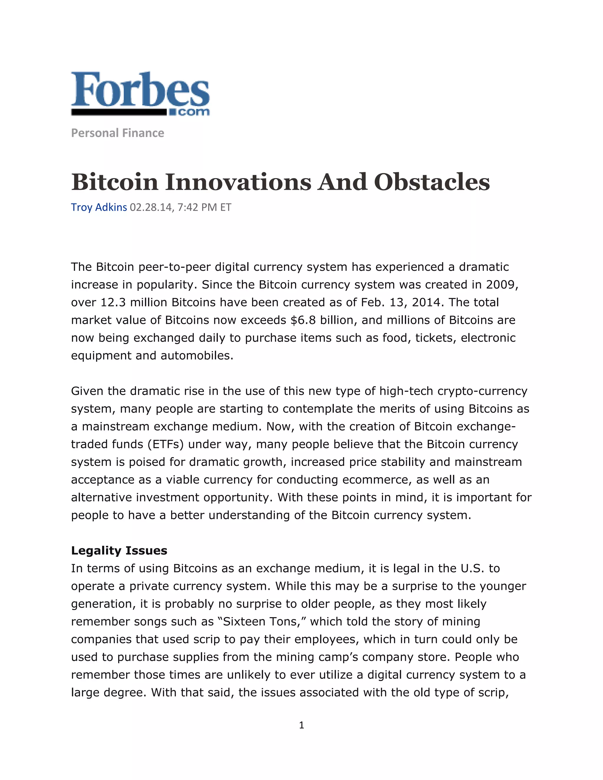 Bitcoin innovations and obstacles | PDF