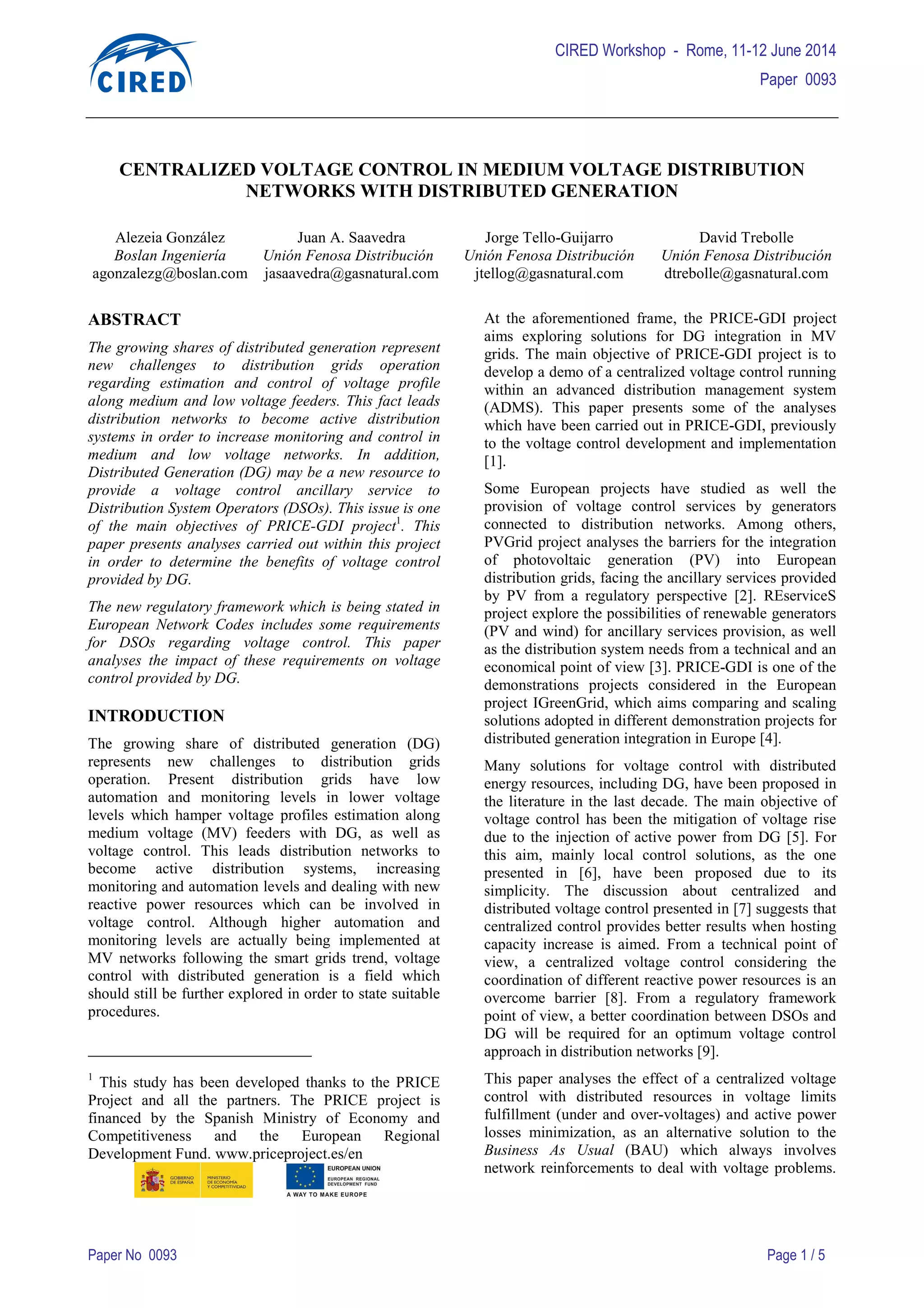 Centralized Voltage Control In Medium Voltage Distribution Networks With Distributed Generation