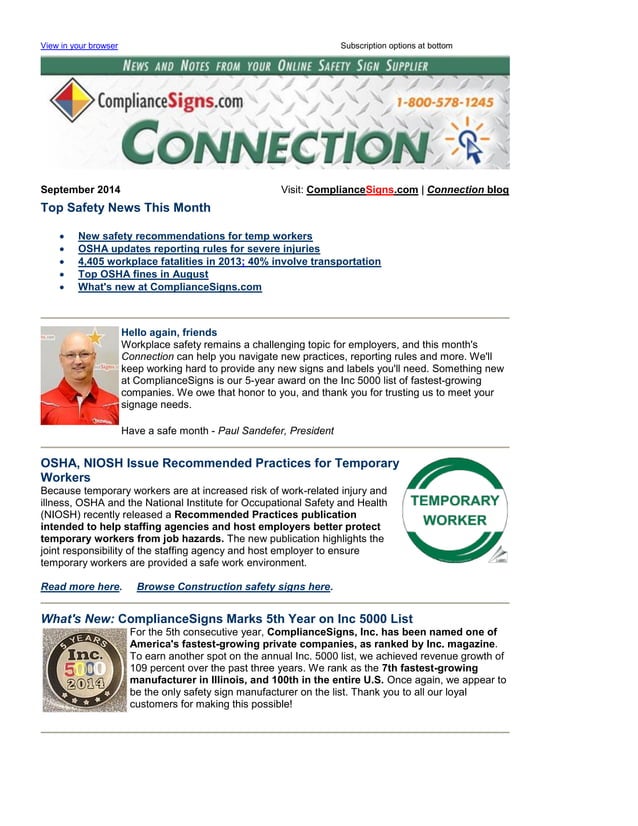 Sept. 2014 ComplianceSigns Connection Workplace Safety Newsletter | PDF ...