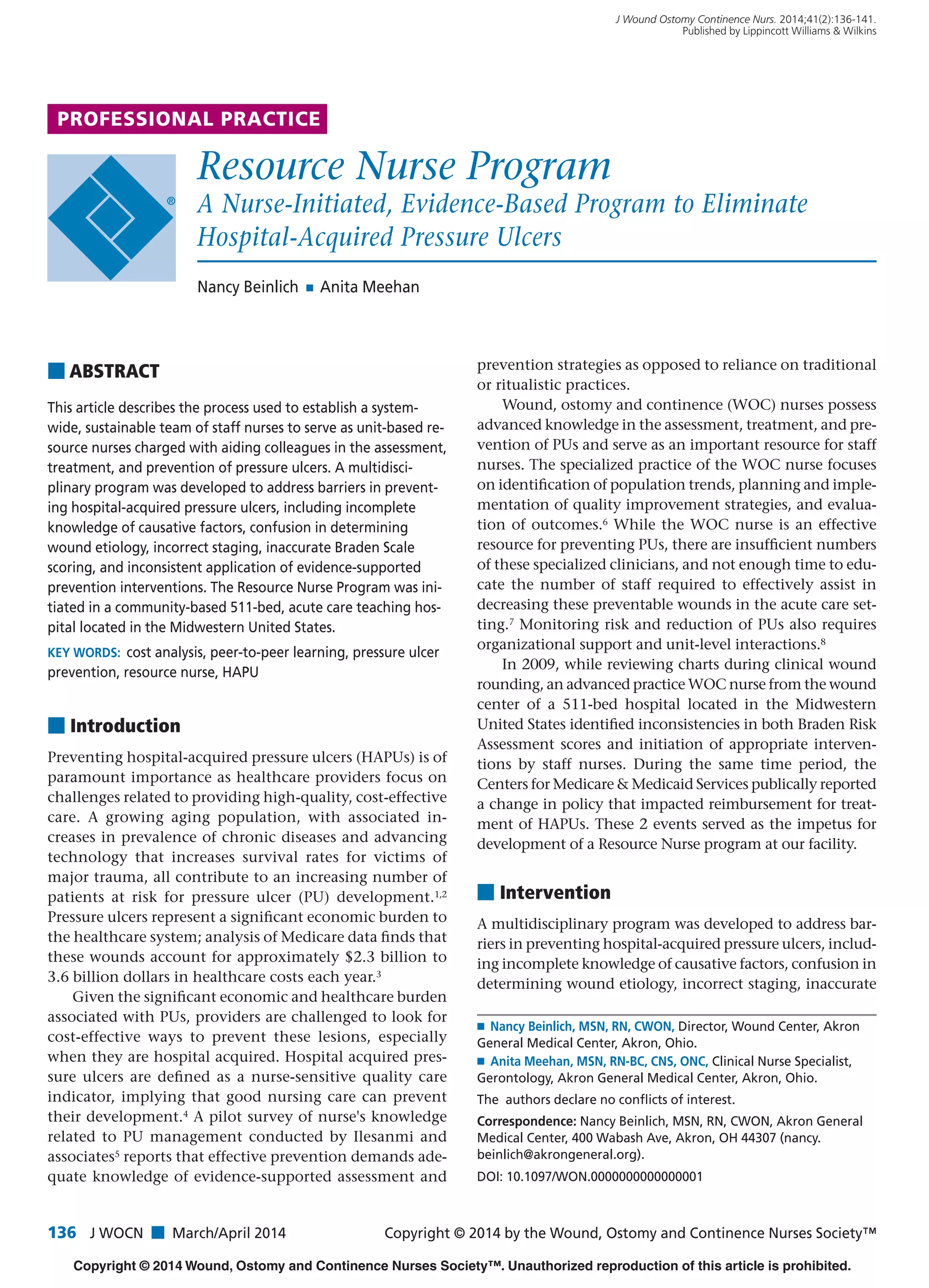 Resource Nurse Program.A Nurse-Initiated, Evidence-Based Program to ...