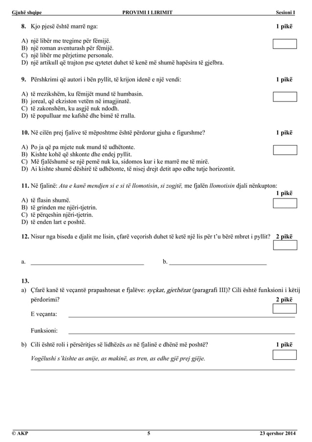 Provimi i lirimit 2014 Gjuhe Shqipe | PDF