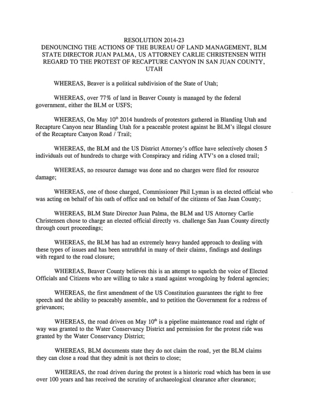 Beaver County Utah Resolution Denouncing the BLM actions with Regard to ...