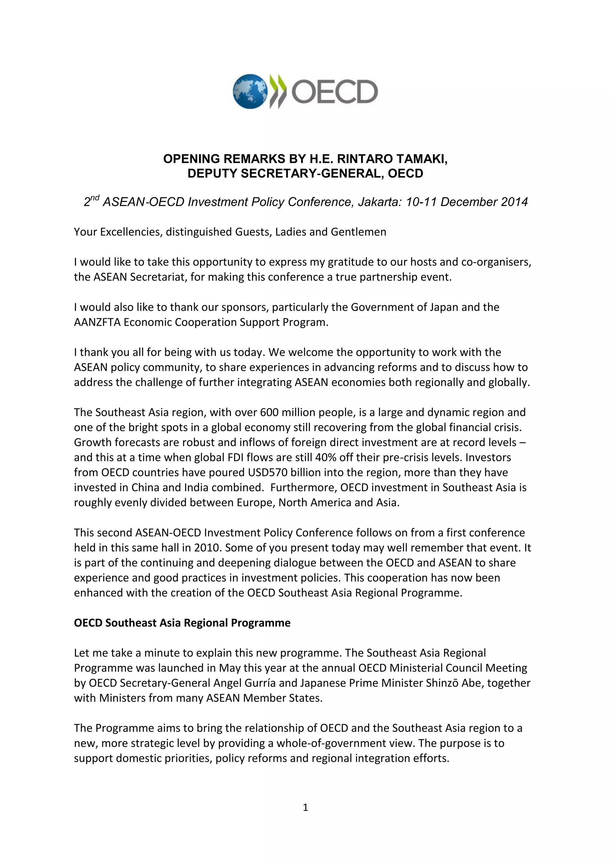 OECD Deputy Secretary-General Rintaro Tamaki's opening remarks at the 2nd ASEAN-OECD Conference ...