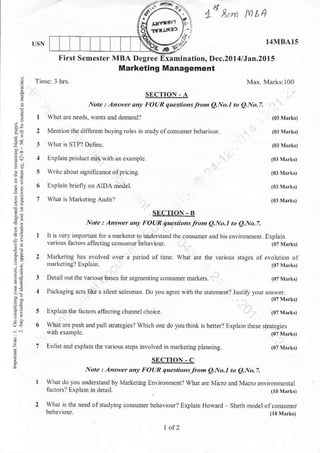 1st Semester MBA (December-2014) Question Papers | PDF