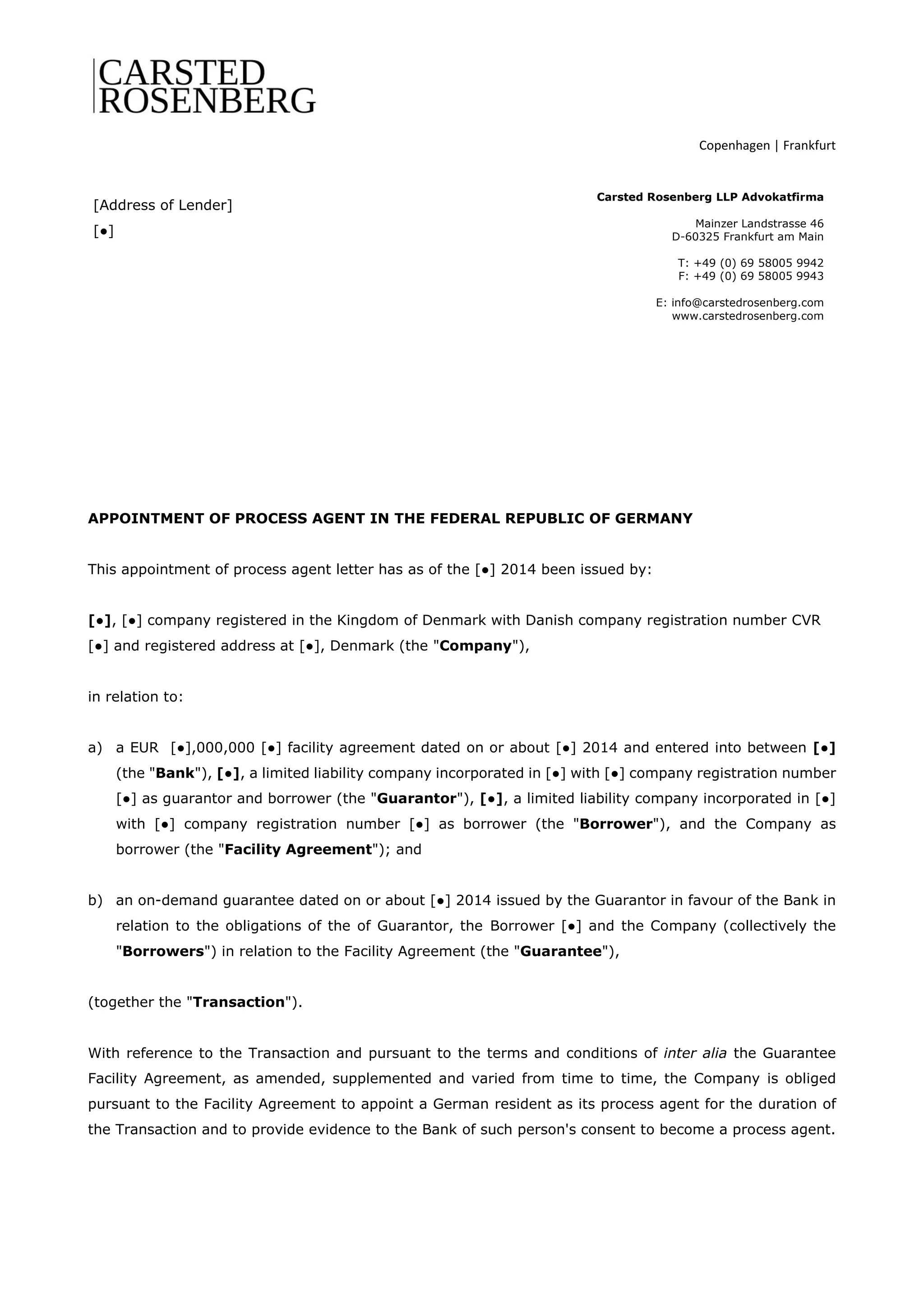 Template Appointment of Process Agent in Germany - Carsted Rosenberg | PDF