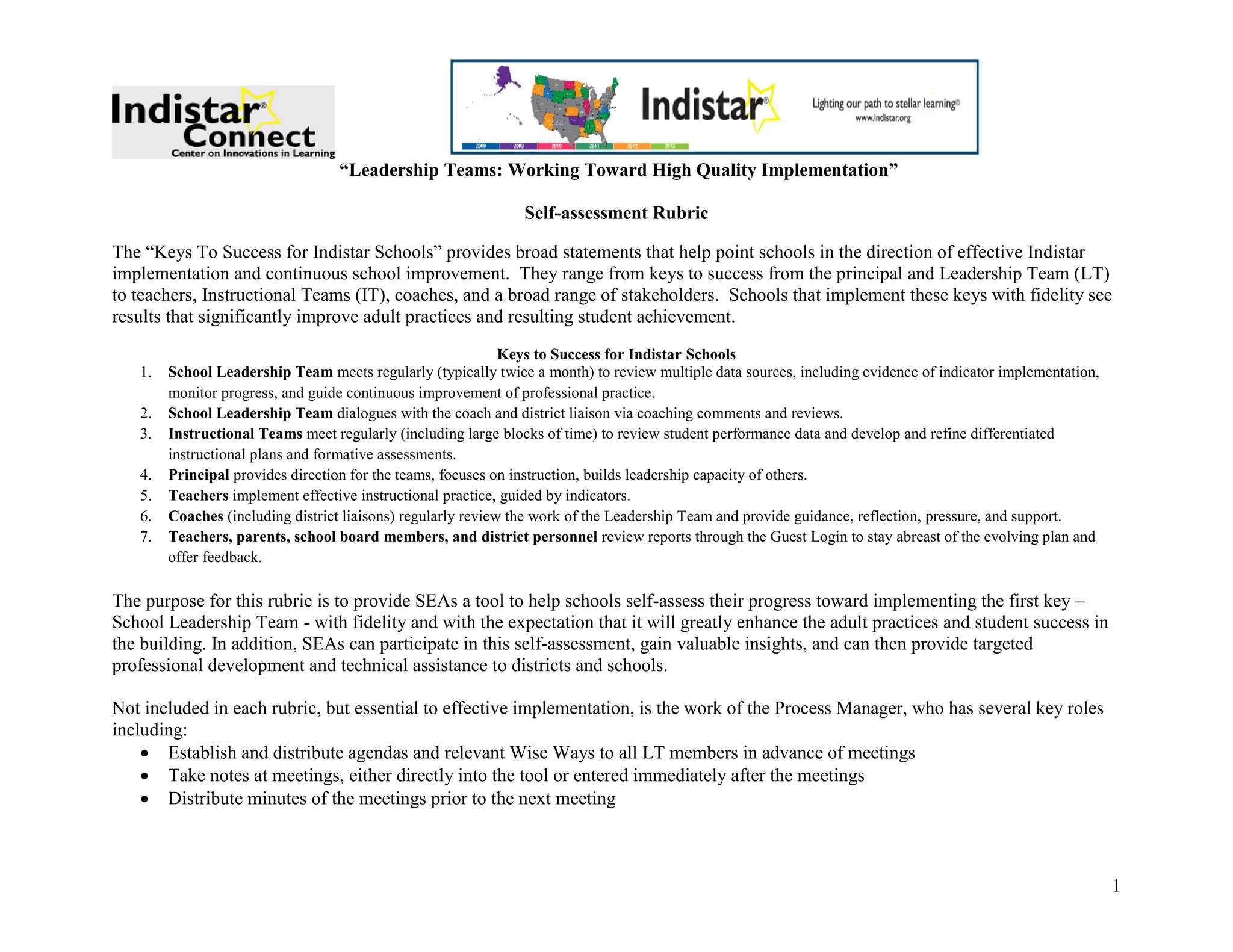 Indistar® Leadership Team Self-Assessment Rubric | PPT