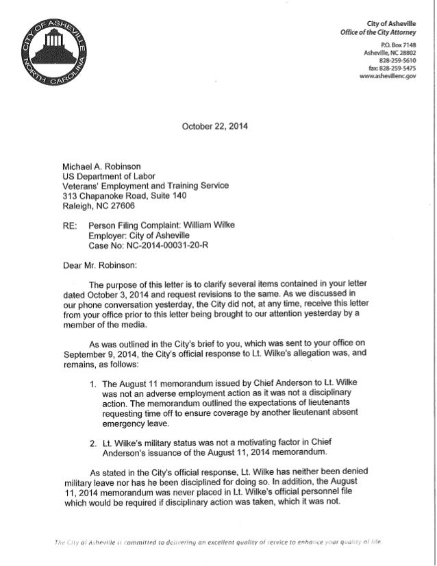 Asheville City Attorney's letter to the Dept. of Labor