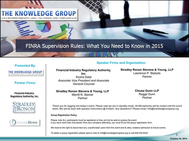 FINRA Supervision Rules: What You Need to Know in 2015 LIVE Webcast ...