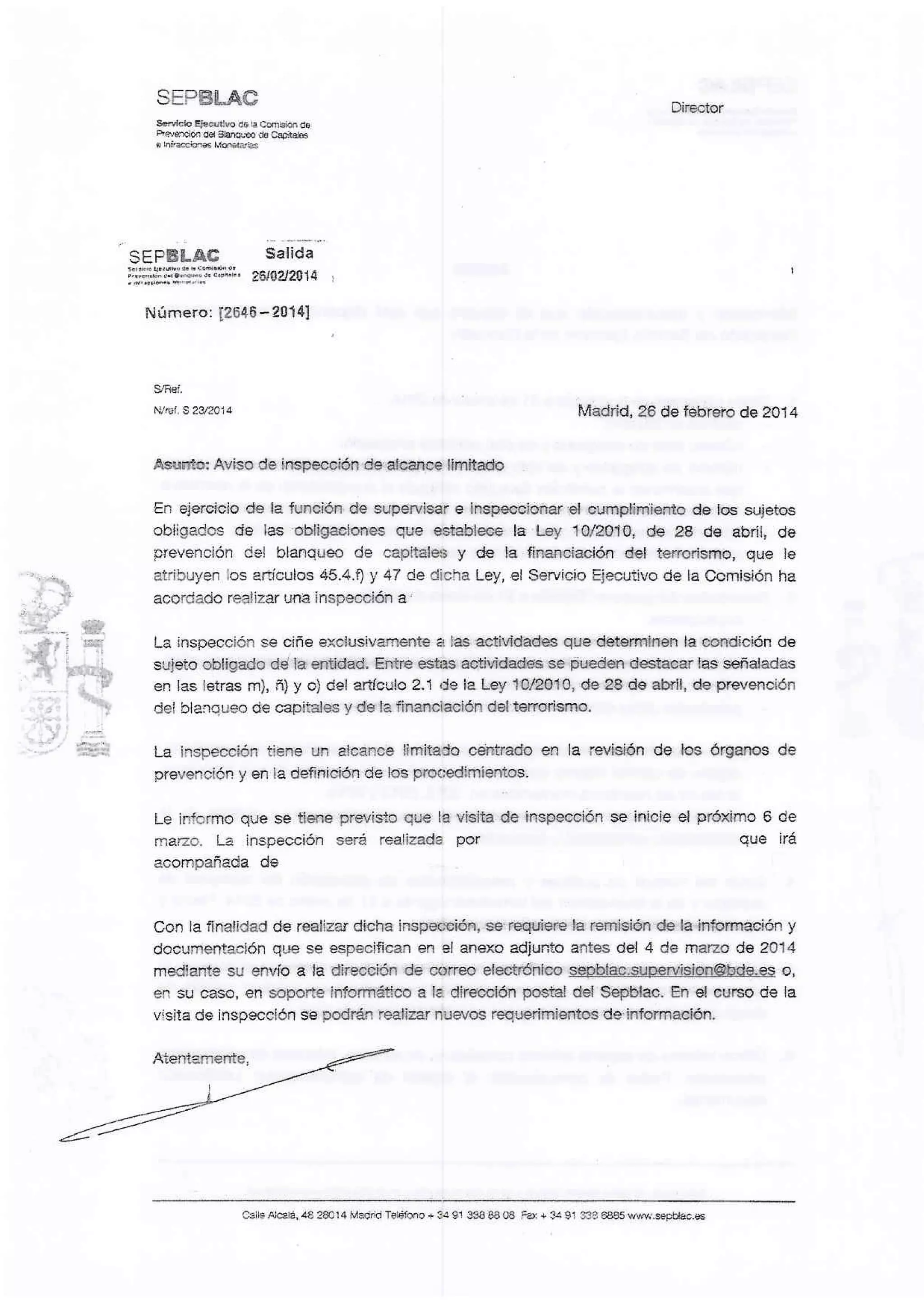 Aviso de Inspección de Alcance Limitado remitido por el SEPBLAC a un ...