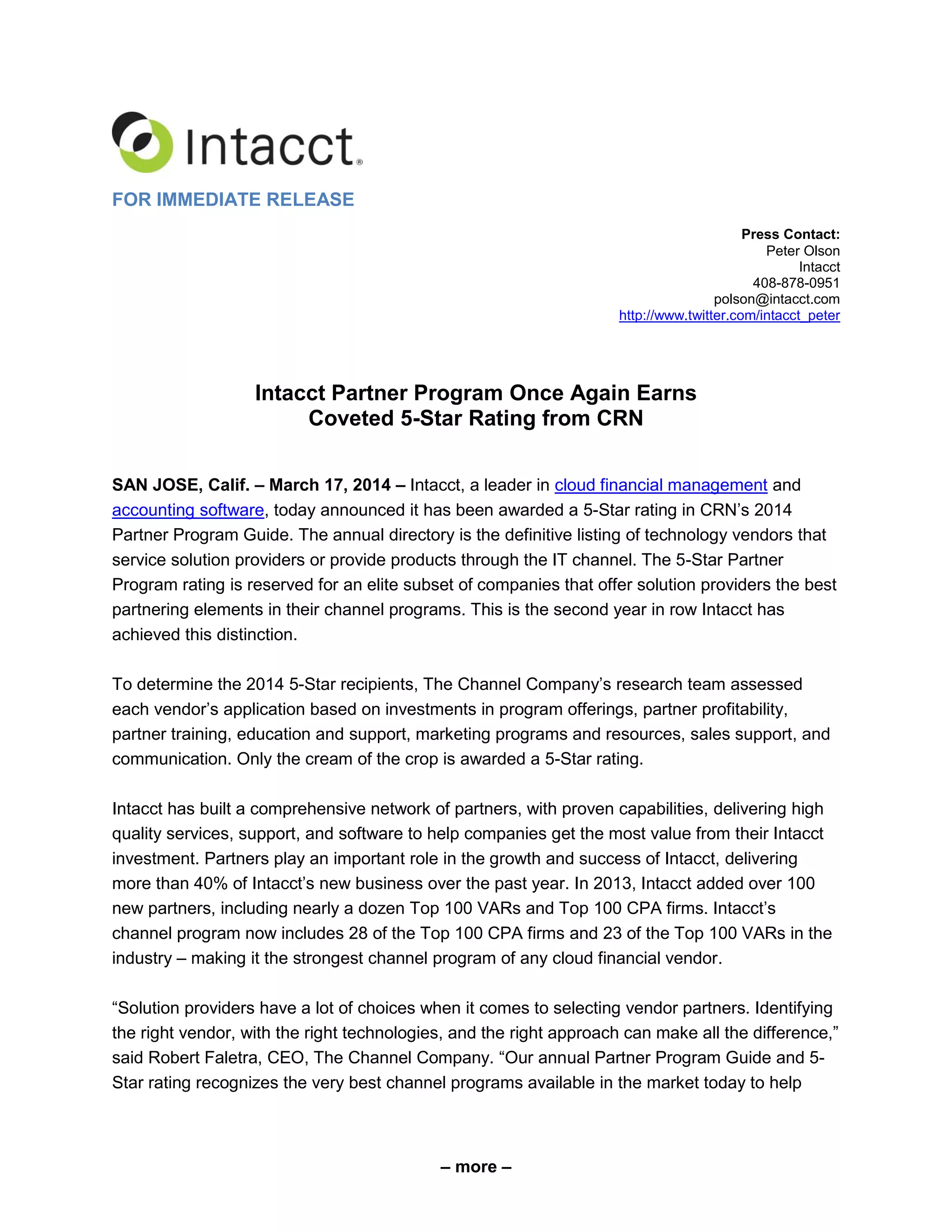 Intacct Partner Program Once Again Earns Coveted 5-Star Rating from CRN ...