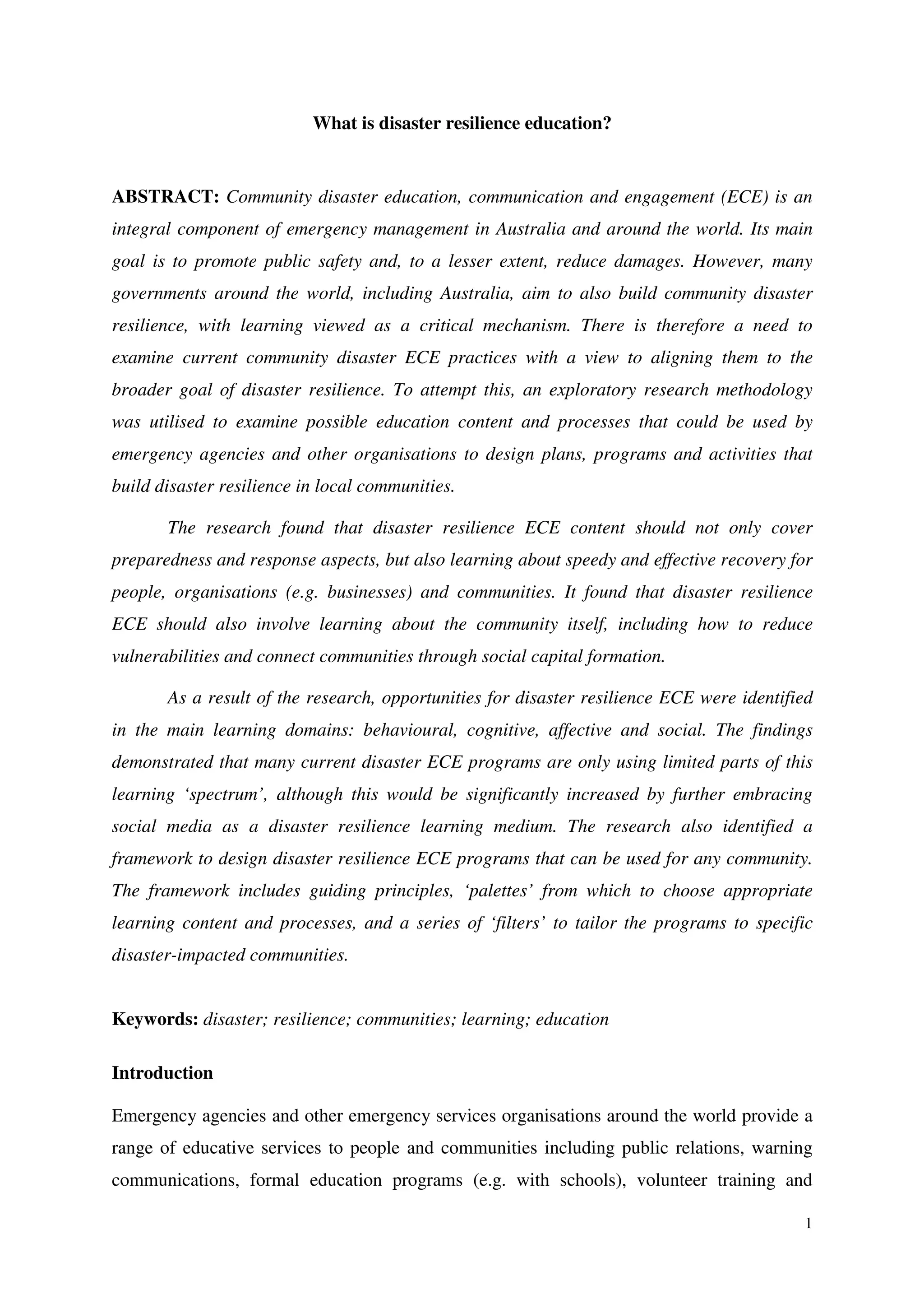 Paper: What is disaster resilience education? | PDF