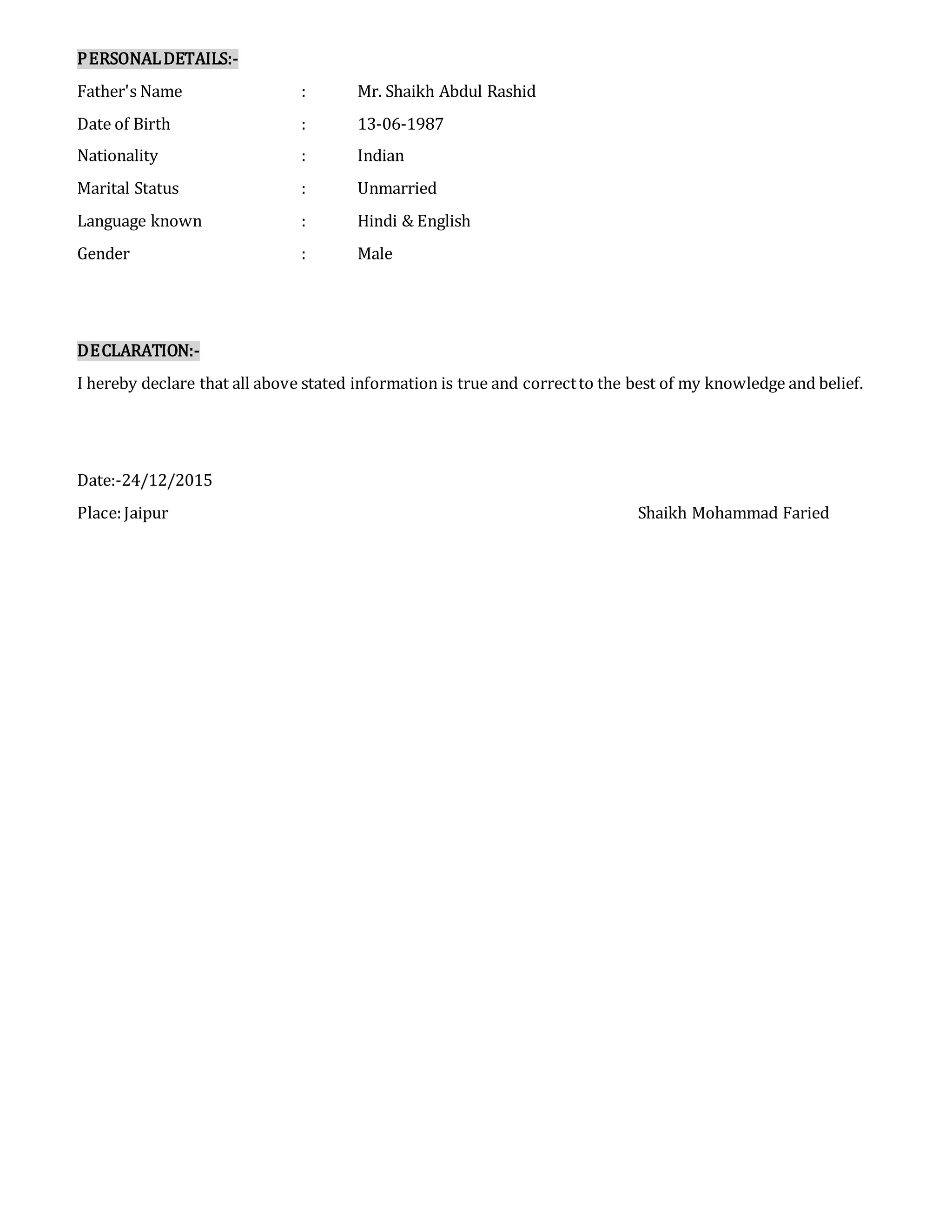 Shaikh Mohammad Faried Resume | DOCX