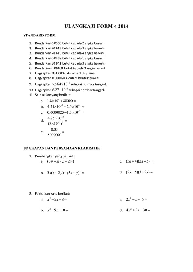 2014 form 4 bentuk piawai dan persamaan kuadratik dan ans | PDF | Free ...