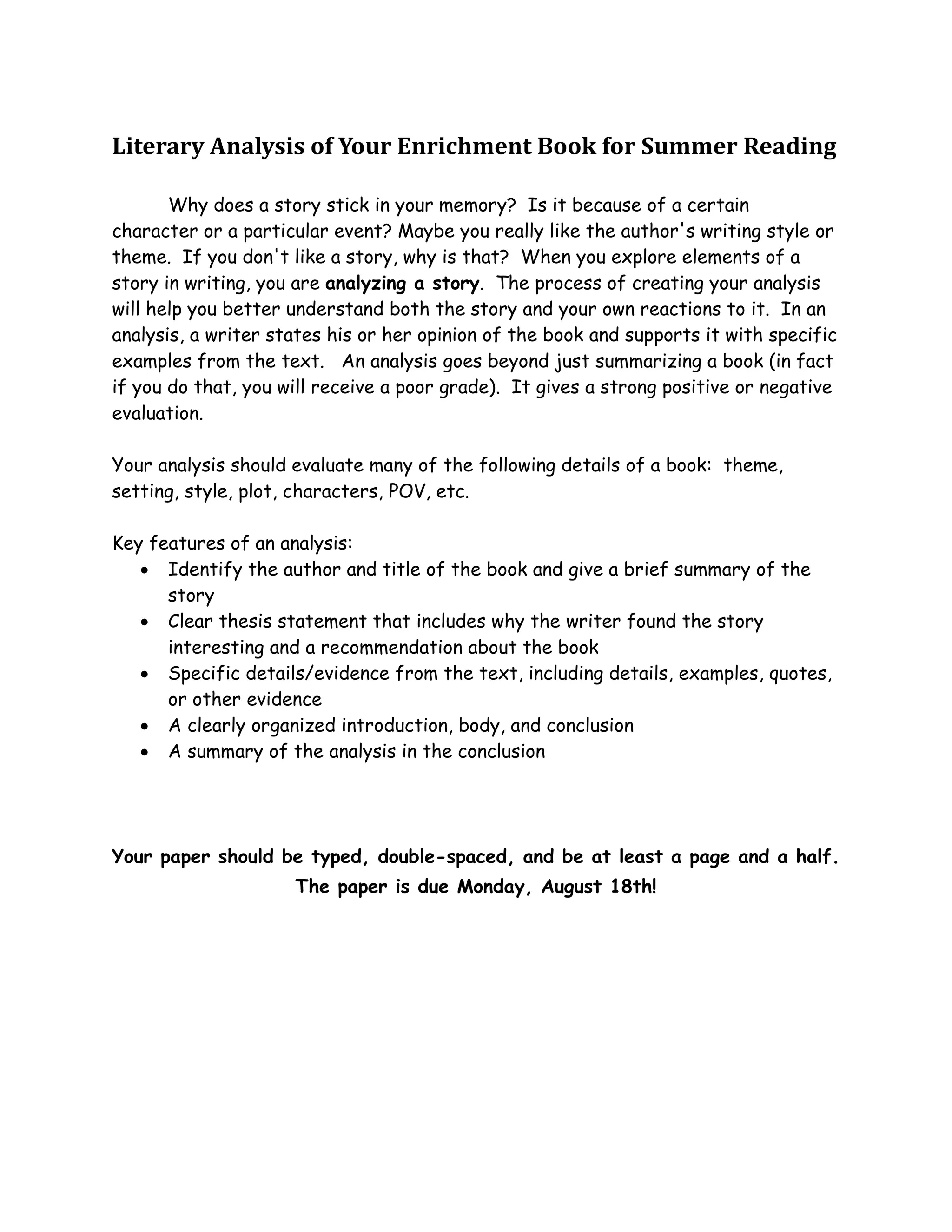 2014 literary analysis of your enrichment book for summer reading | PDF