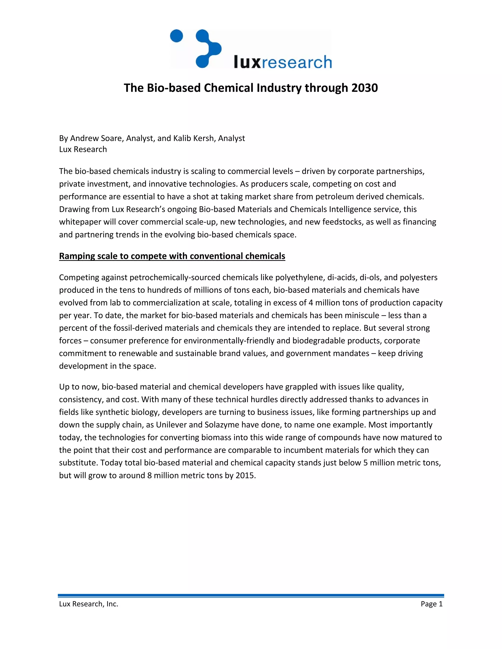 2014 the bio based chemical industry through 2030 - lux research | PDF