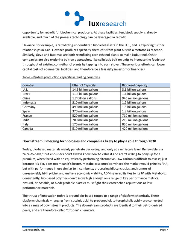 2014 the bio based chemical industry through 2030 - lux research | PDF