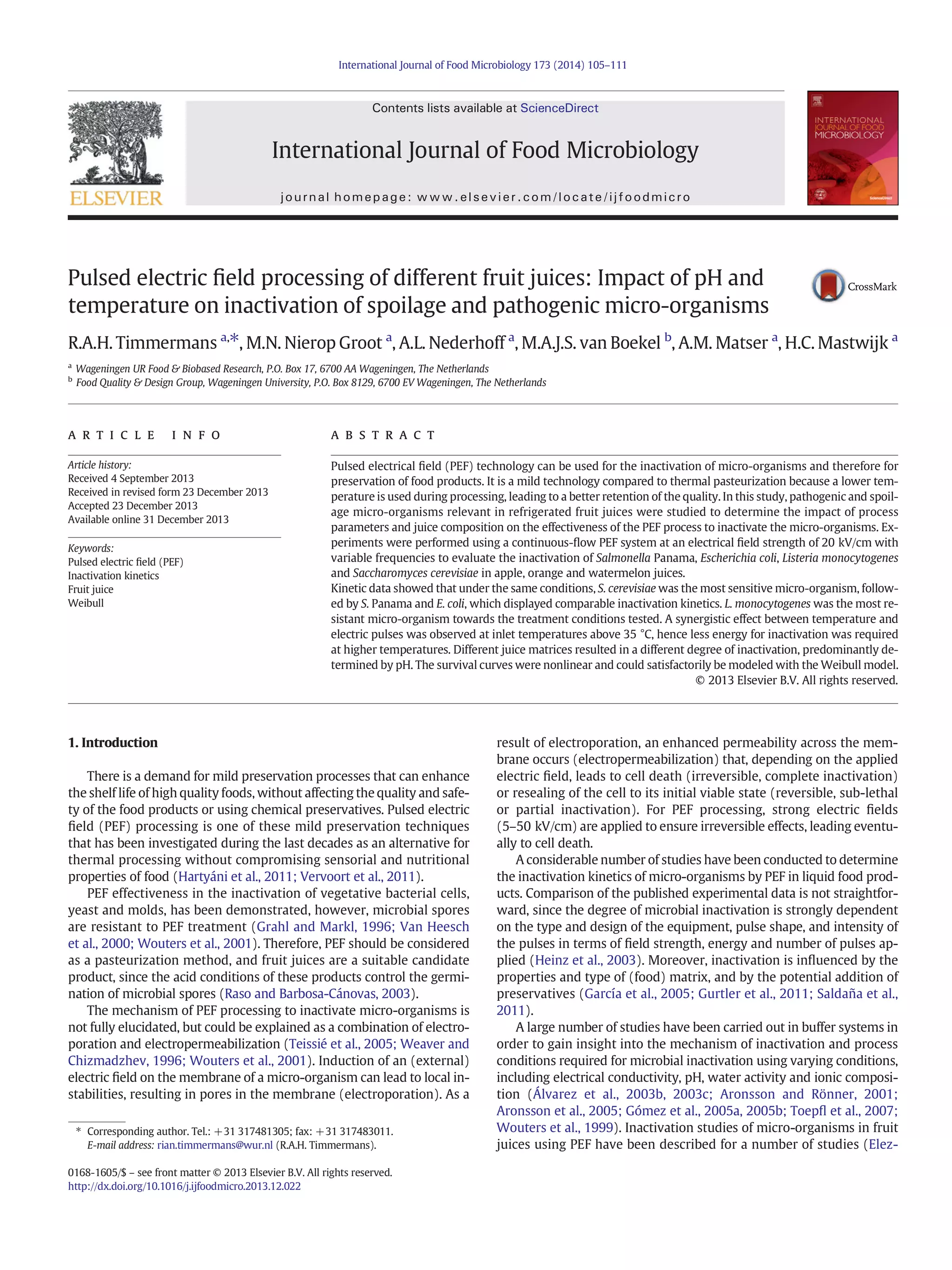 Timmermans et.al. - PEF 2.0 processing of different fruit juices ...