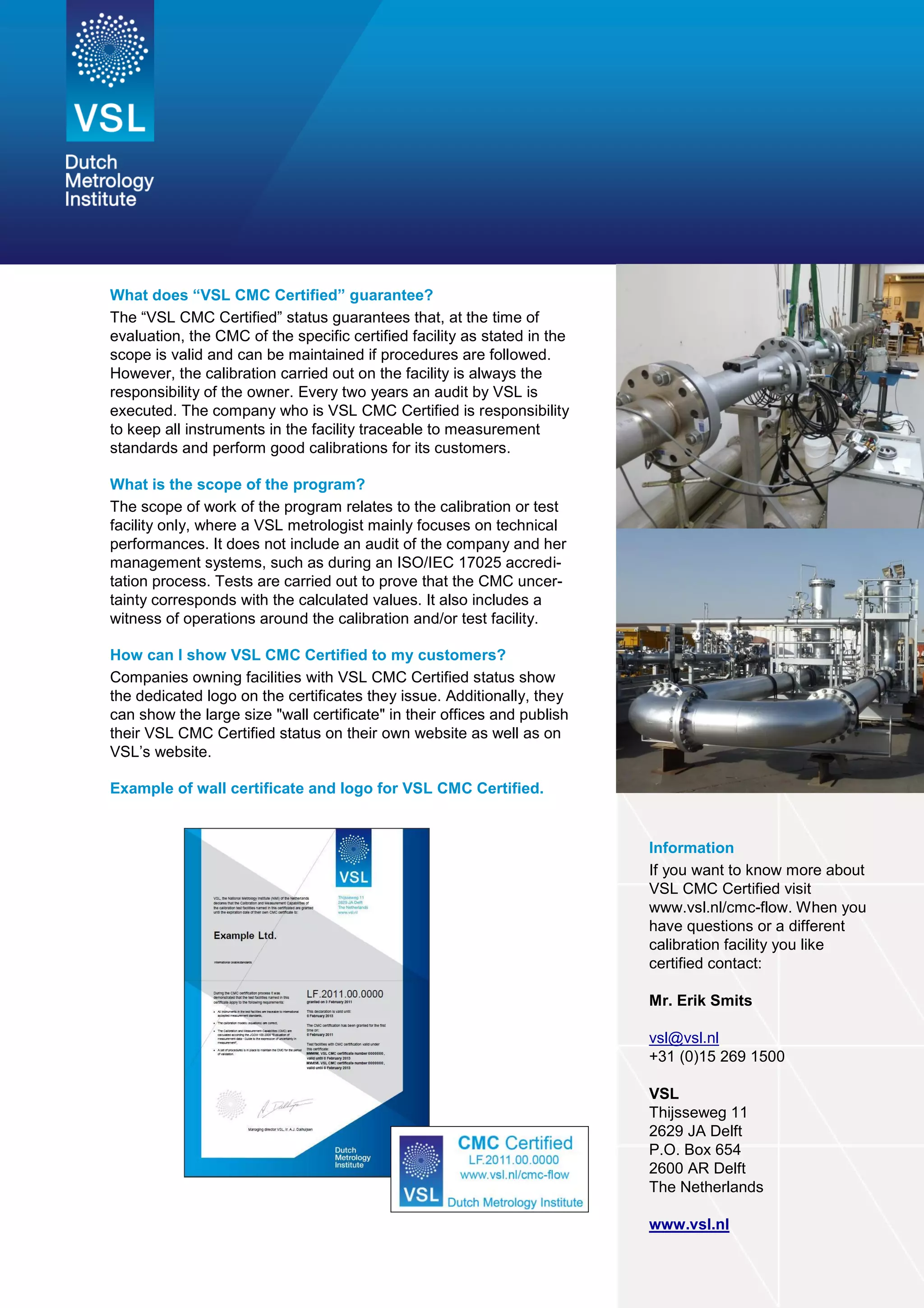 VSL CMC Certified program for calibrationa performed for Flow and Volume instruments | PDF ...