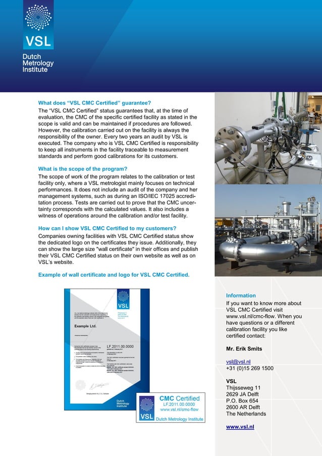 VSL CMC Certified program for calibrationa performed for Flow and Volume instruments | PDF ...