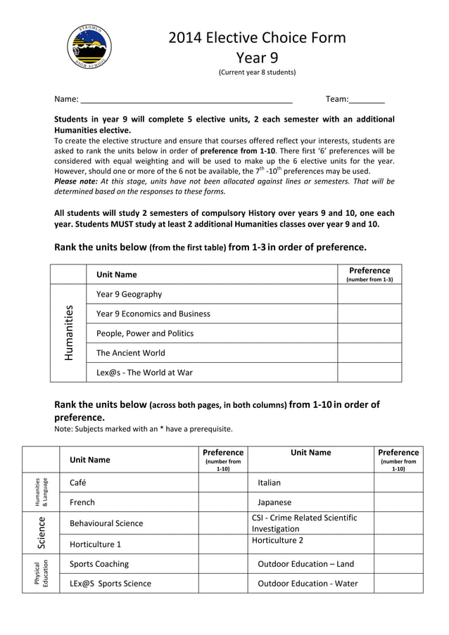2014 year 9 elective choice form | PDF