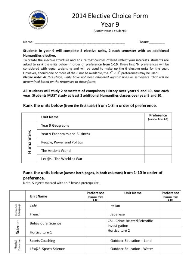 2014 year 9 elective choice form