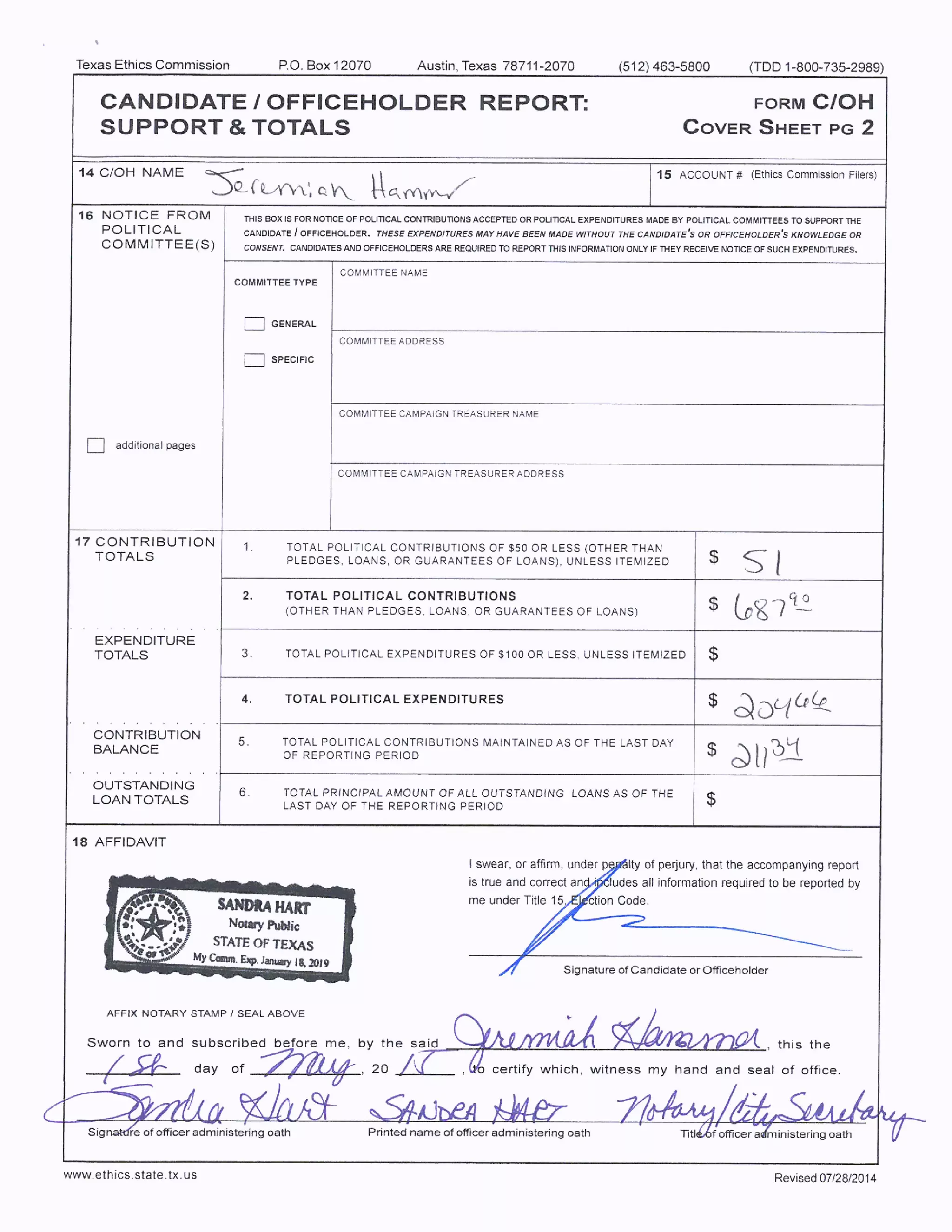 2015 05-01 jeremiah hammer - candidate officeholder campaign finance ...