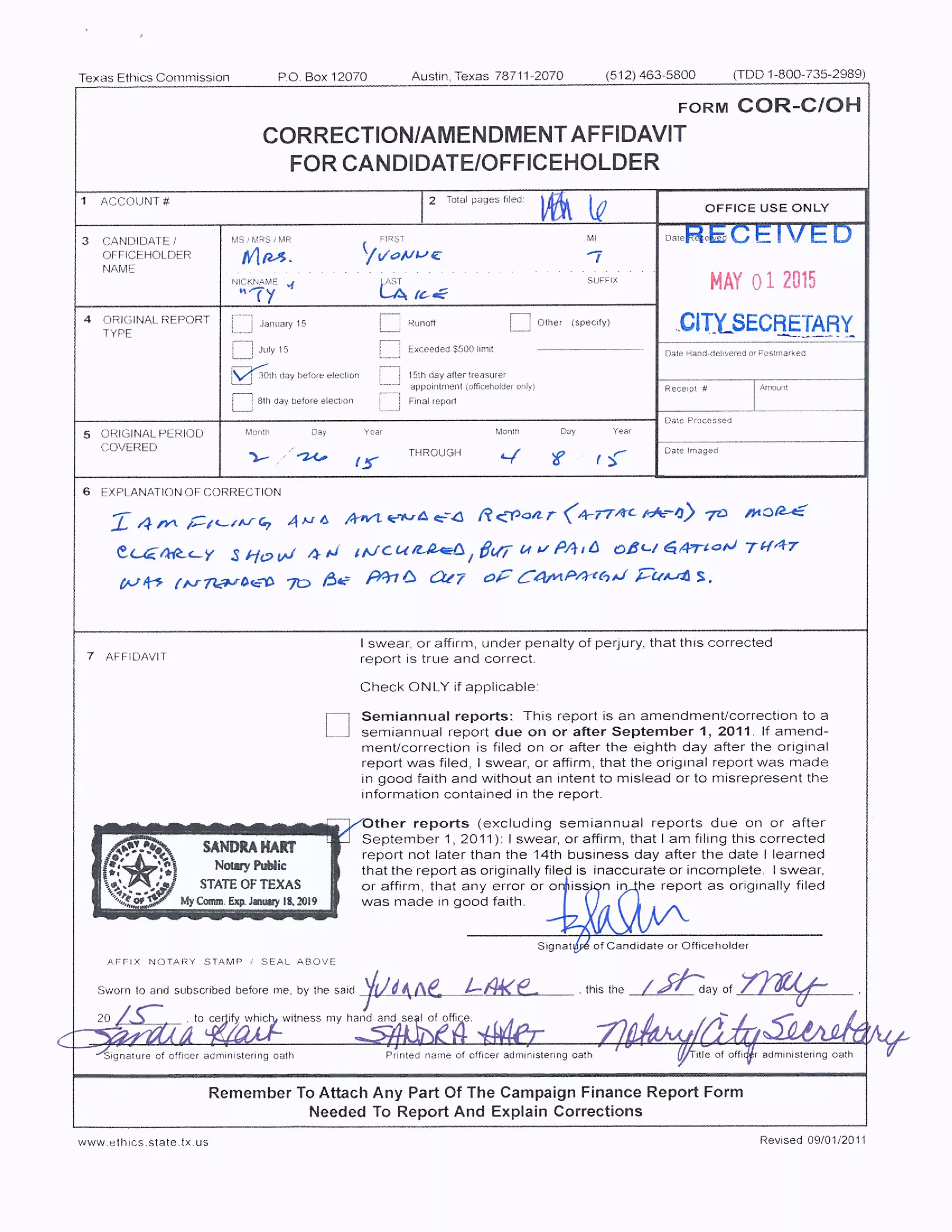 2015 05-01 yvonne (ty) lake - correction amendment affidavit for 04-09 ...