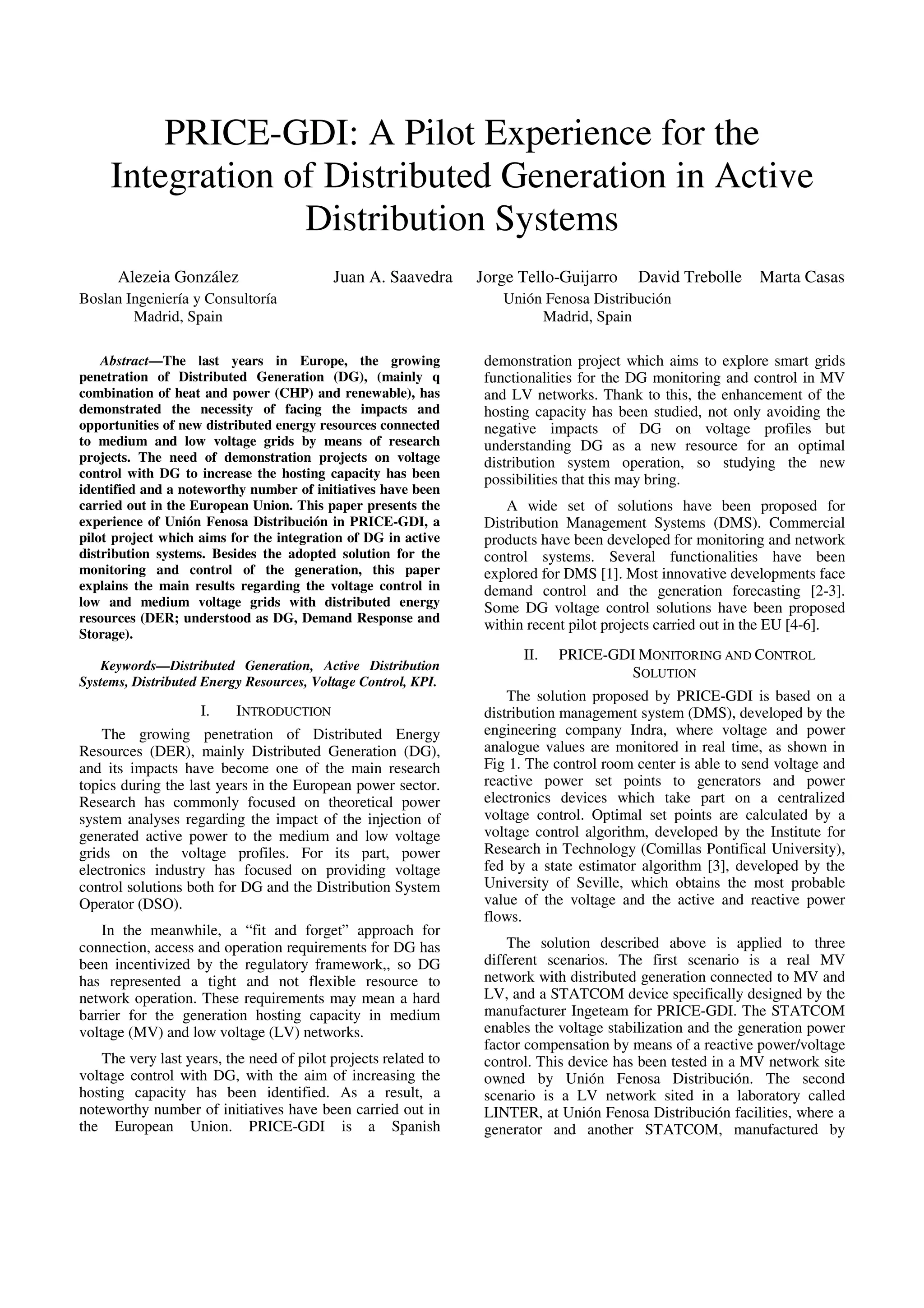 A Pilot Experience For The Integration Of Distributed Generation In 