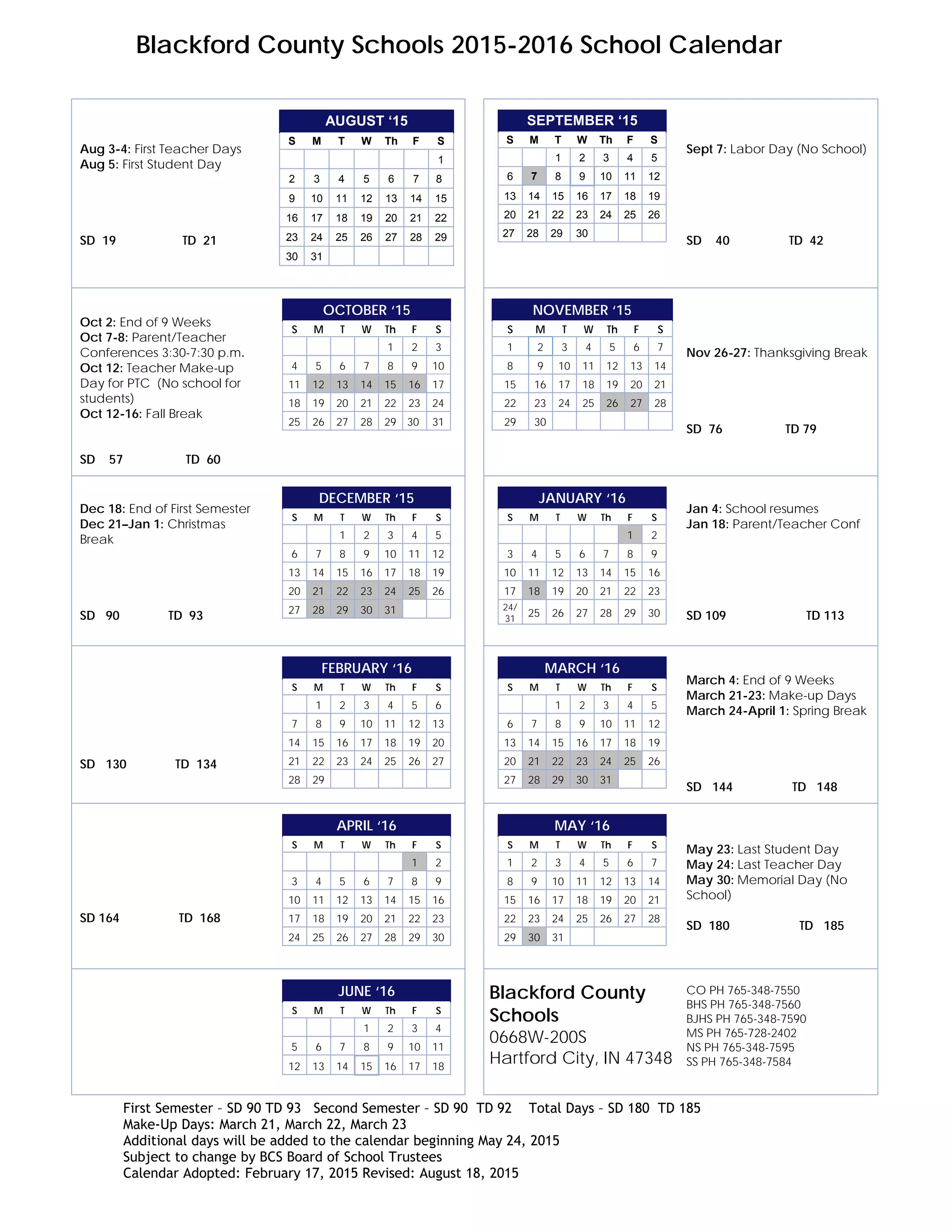 2015 2016 BCS Calendar Updated 8/20/15 | PDF