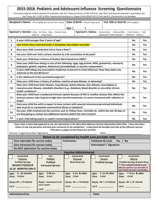 2015-2016 Pediatric and Adolescent Influenza Screening Form | PDF