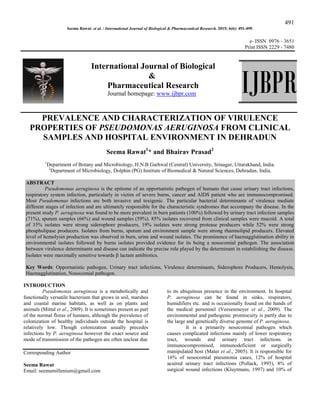 PREVALENCE AND CHARACTERIZATION OF VIRULENCE PROPERTIES OF PSEUDOMONAS AERUGINOSA FROM CLINICAL ...