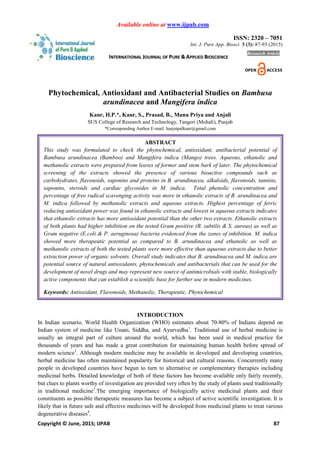 Phytochemical, Antioxidant and Antibacterial Studies on Bambusa arundinacea and Mangifera indica ...