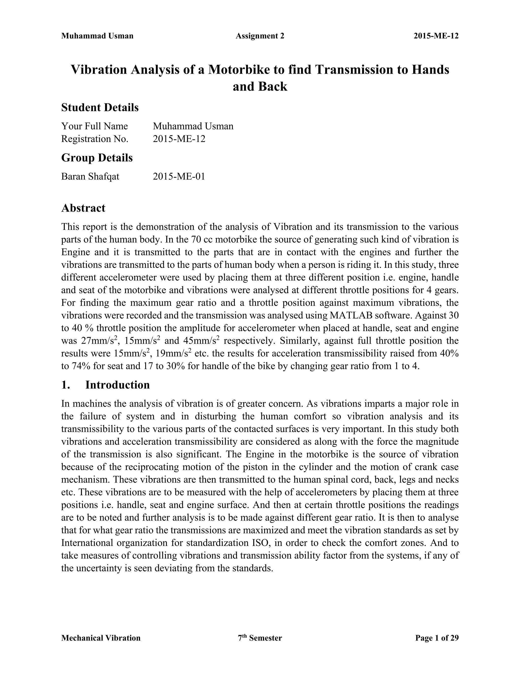 Vibration Analysis of a Motorbike to find Transmission to Hands and Back | PDF
