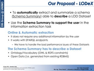 LODeX: Schema Summarization and automatic SPARQL query generation for Linked Open Data sources ...