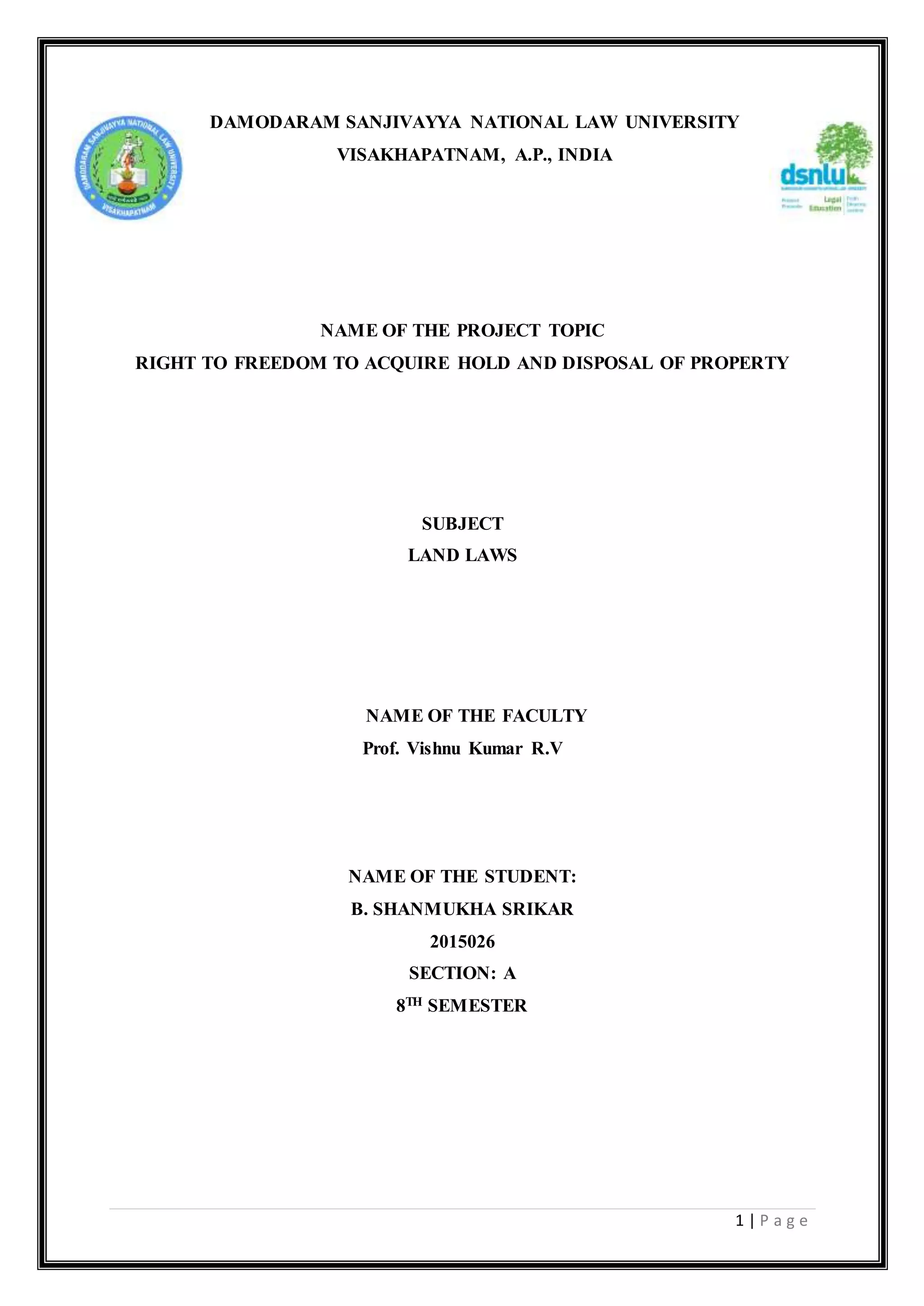 land laws project on right to acquire and disposal of property | DOCX