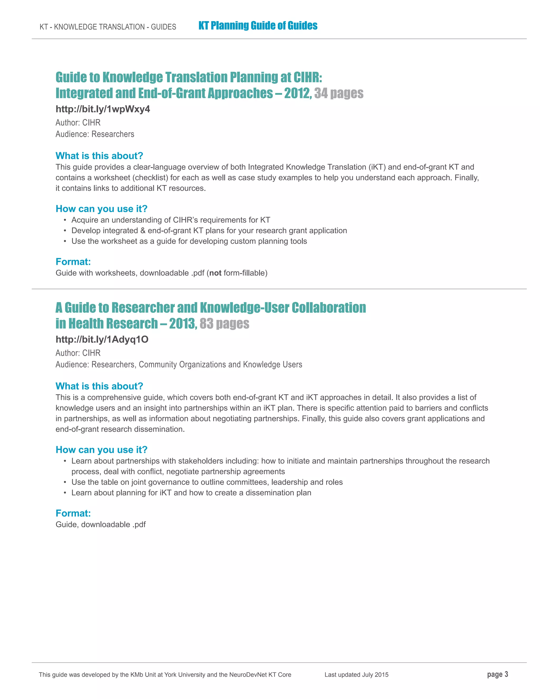 Knowledge Translation Planning Guide of Guides | PDF