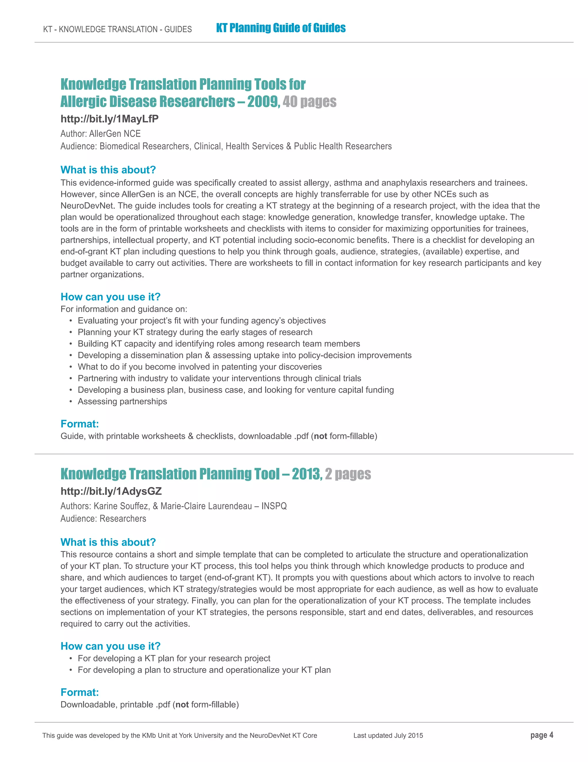 Knowledge Translation Planning Guide of Guides | PDF